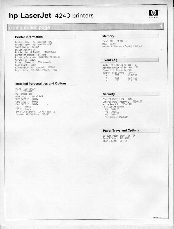HP LaserJet 4240 4240N 40PPM Network Printer Q7785A 2K